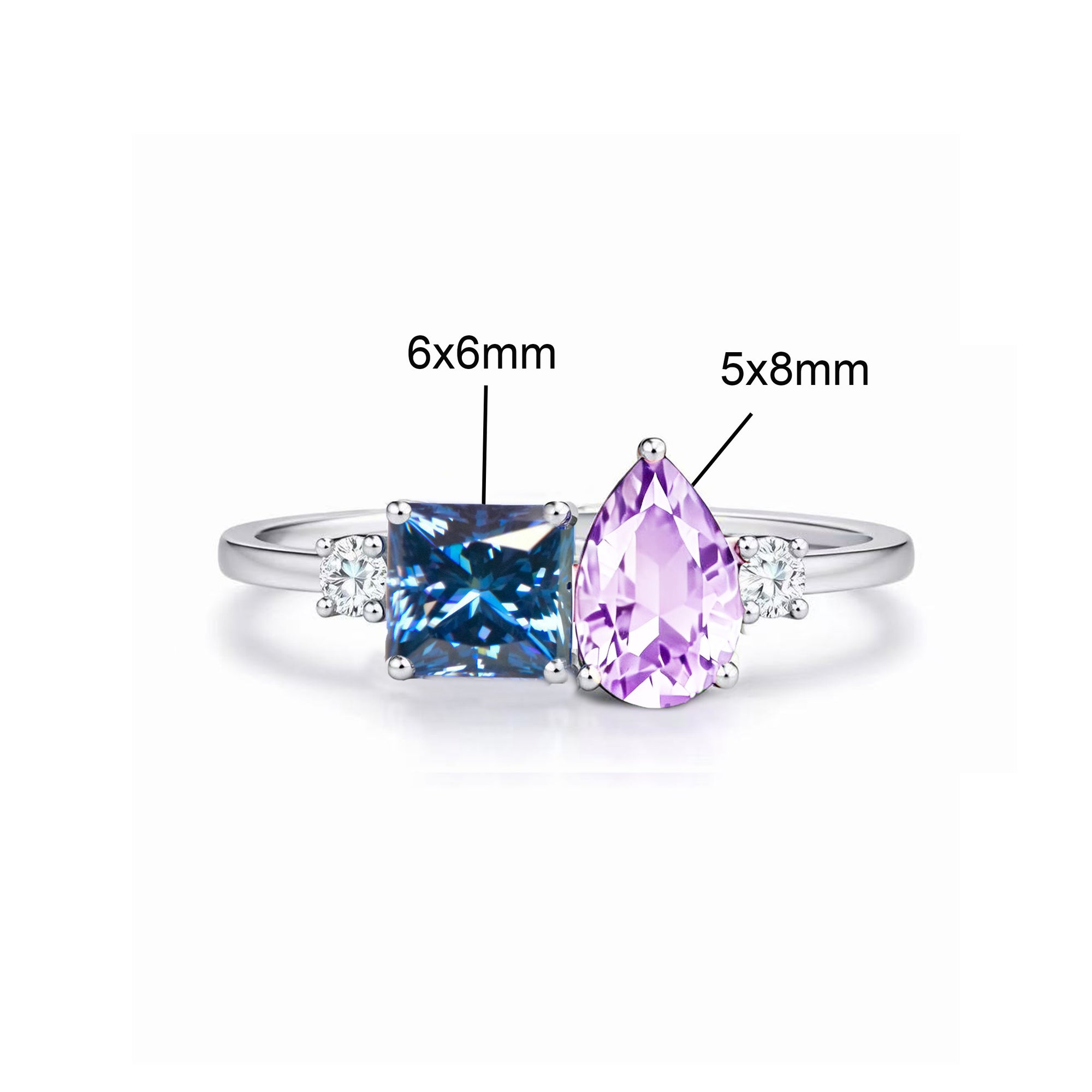 Dual-Hue Whisper: princess Cut & Pear Cut Moissanite Ashes Ring – Love ...